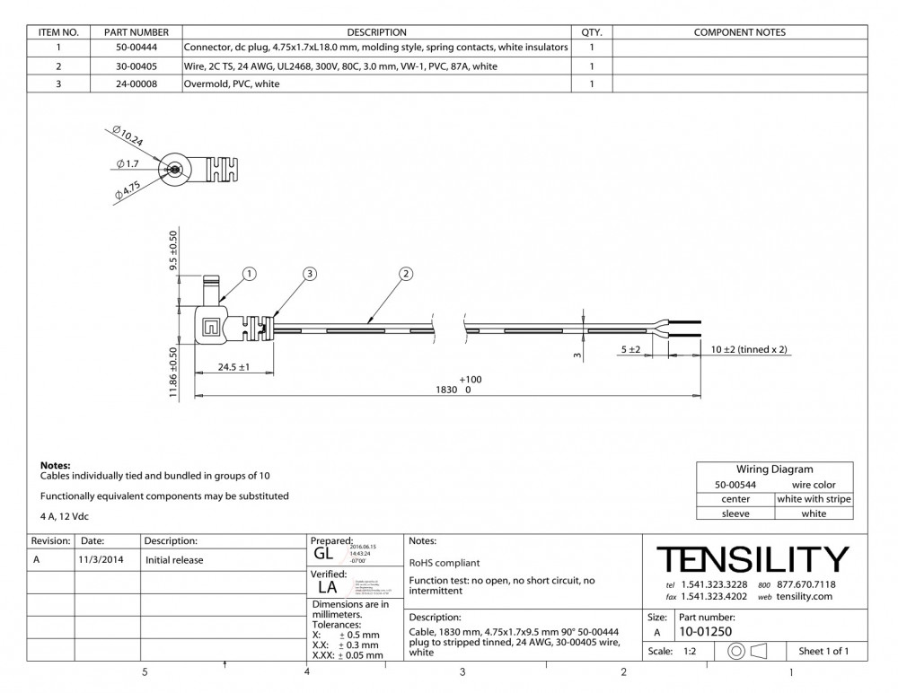 Tensility International 10-01250 cable assembly drawing