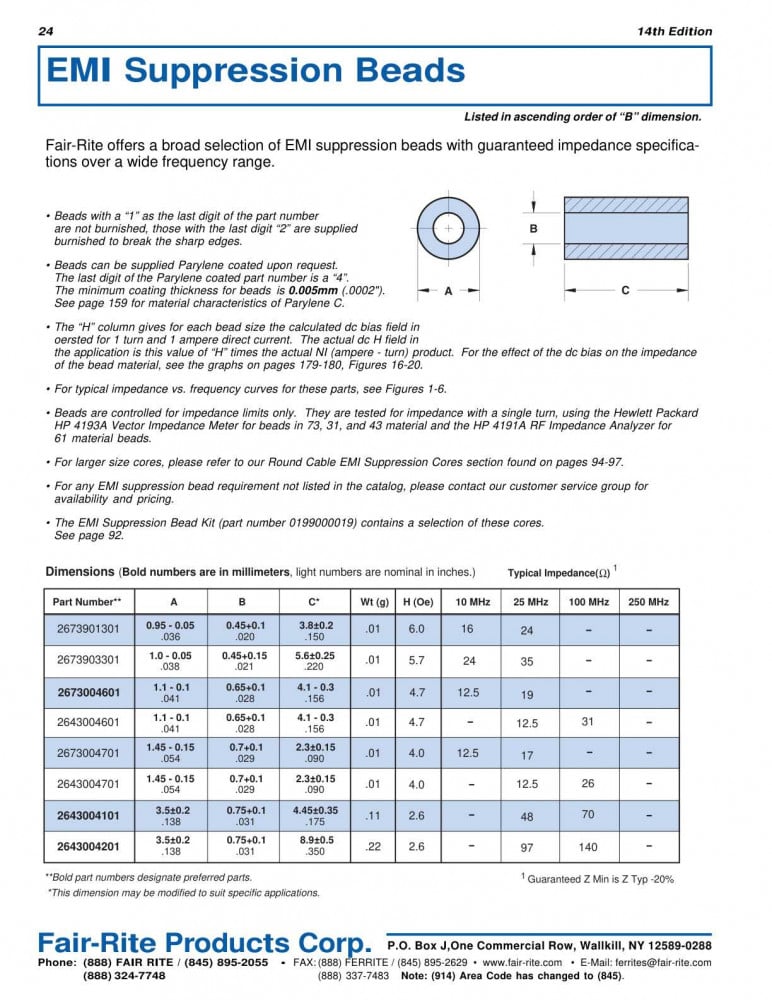 Fair-Rite EMI suppression bead catalog page 1