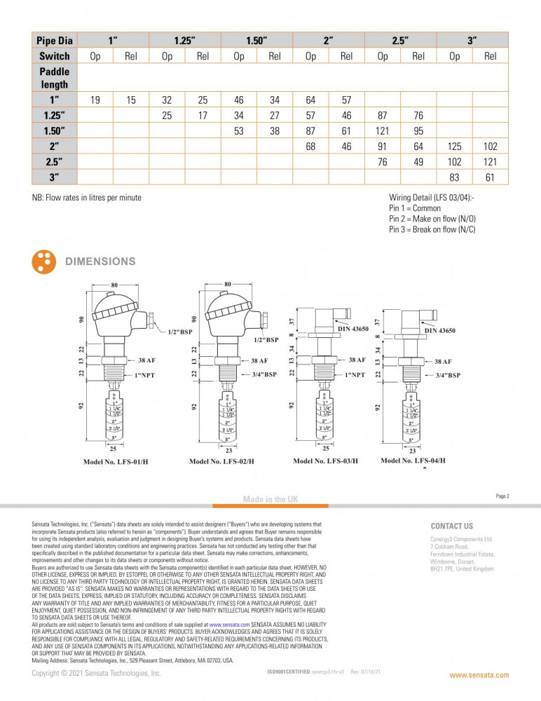 Sensata LFS flow switch technical document page 2