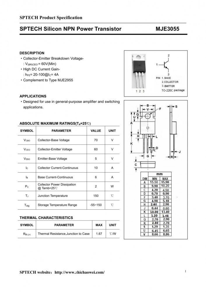 SPTECH MJE3055 datasheet page 1