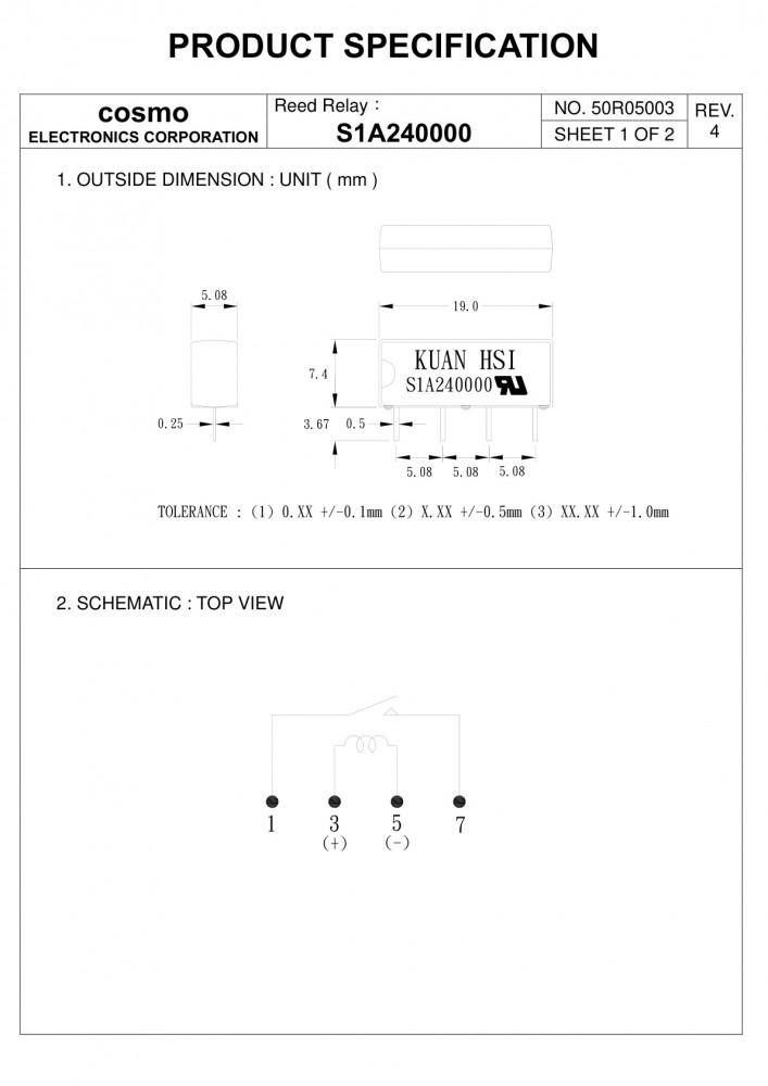 Cosmo S1A240000 specification sheet page 1
