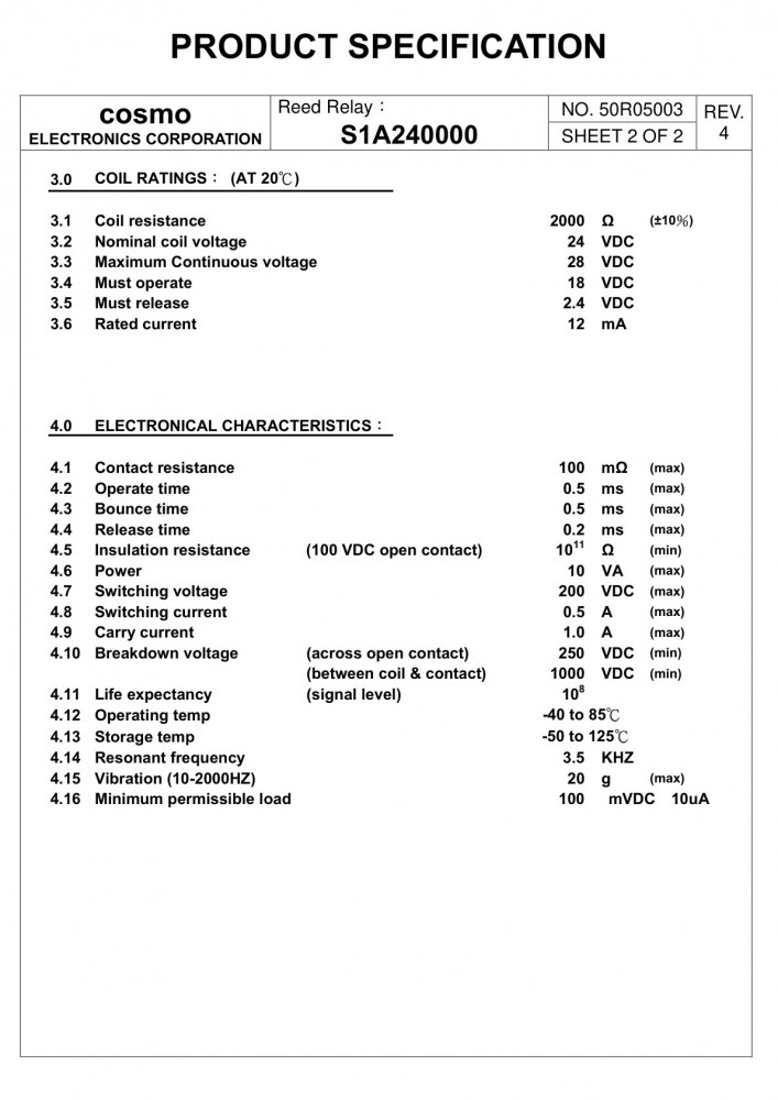 Cosmo S1A240000 specification sheet page 2
