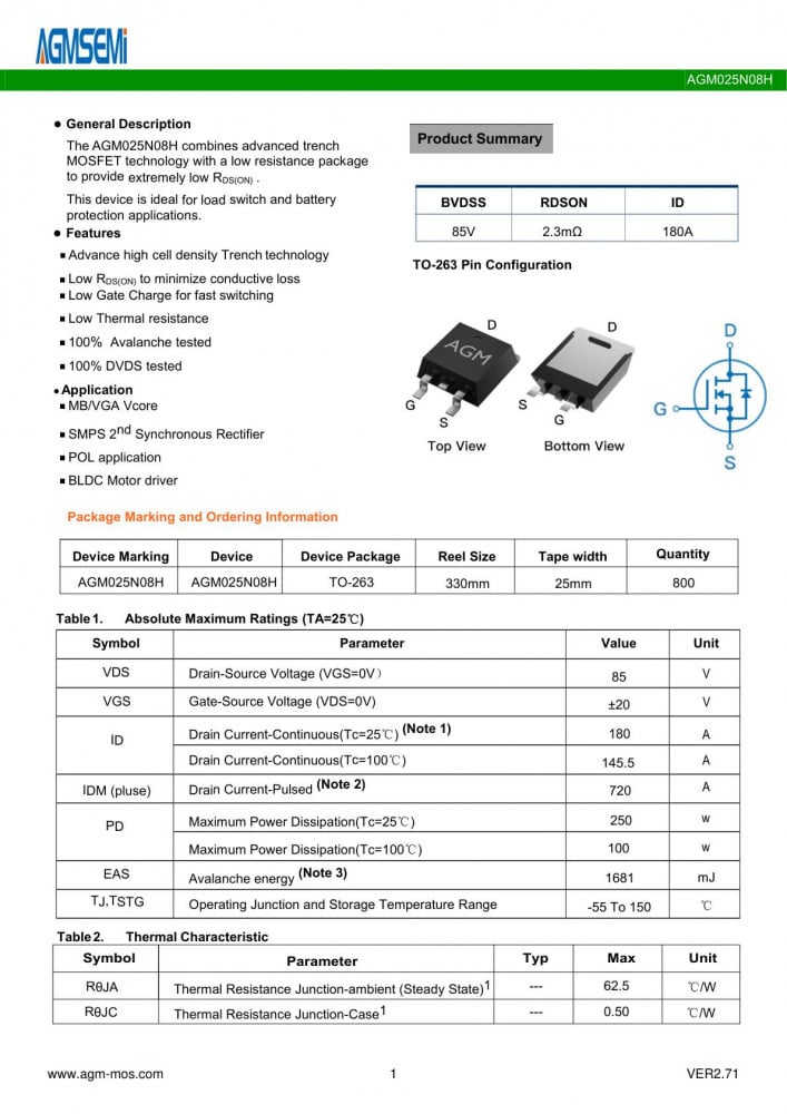 AGM025N08H datasheet page 1