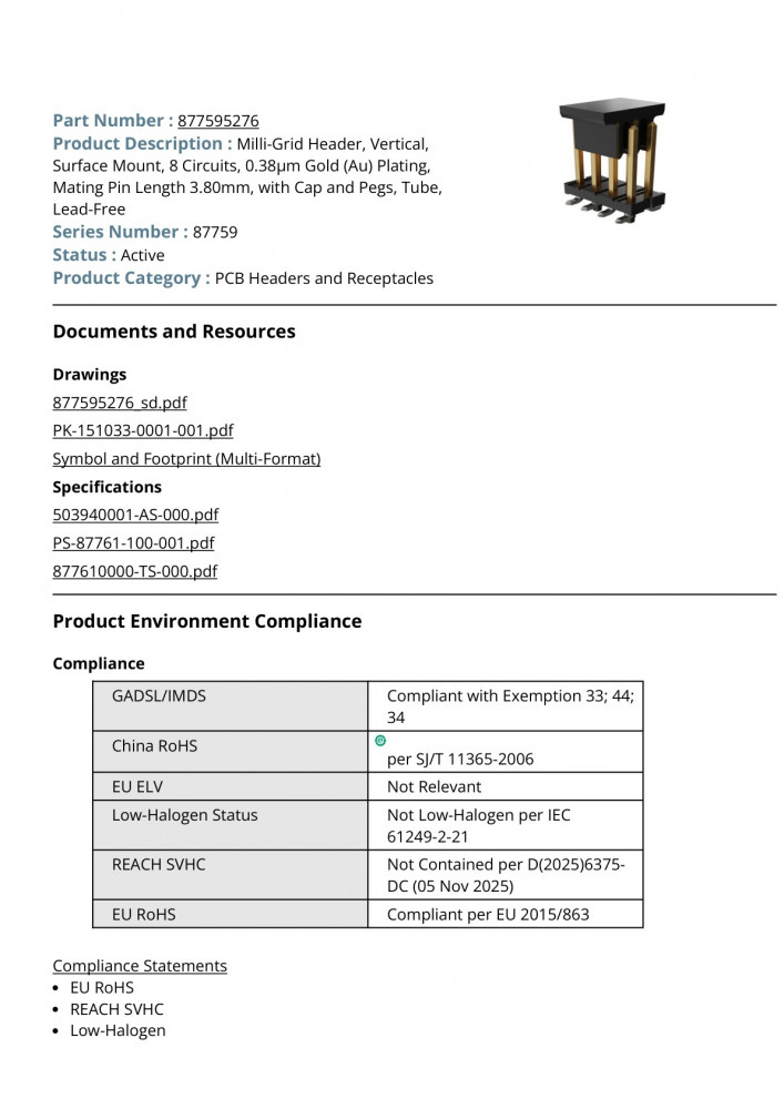 Technical document page 1 for MOLEX 877595276