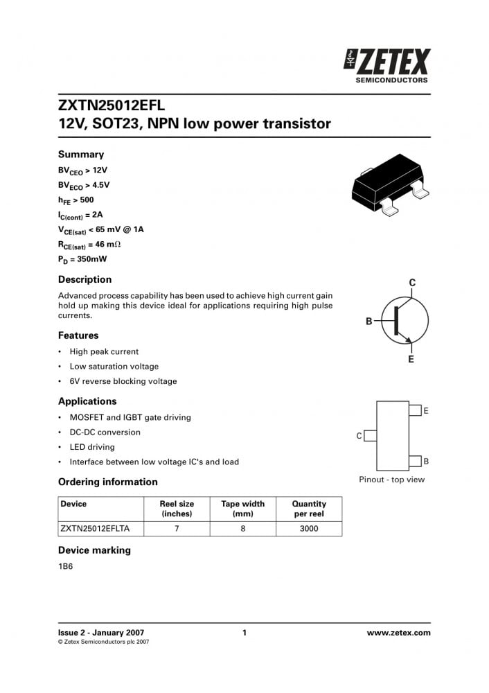 ZXTN25012EFL datasheet page 1