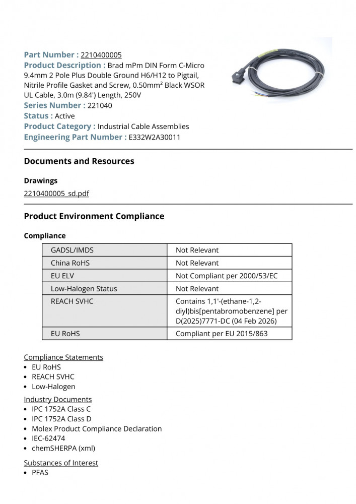 MOLEX 2210400005 product drawing page 1