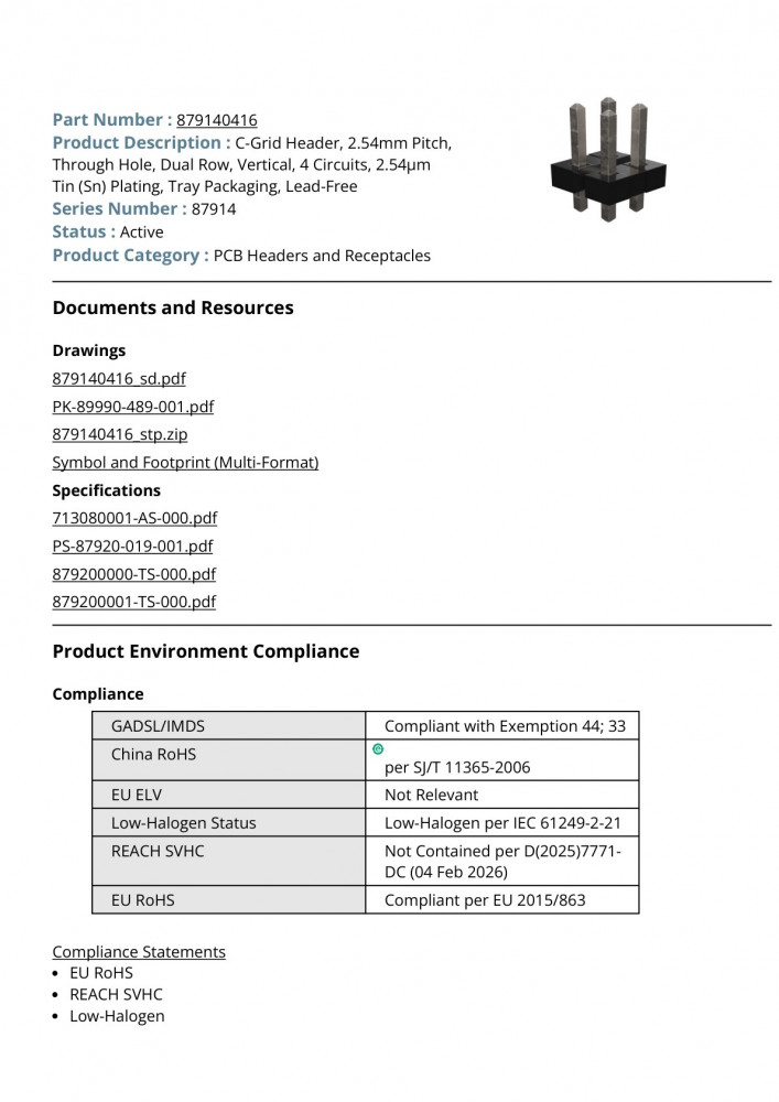 MOLEX 879140416 technical document image, page 1
