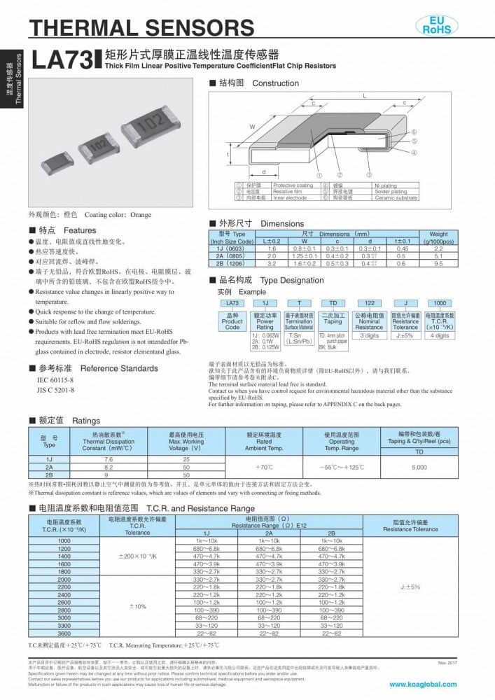 KOA LA73I thermal sensor datasheet page 1
