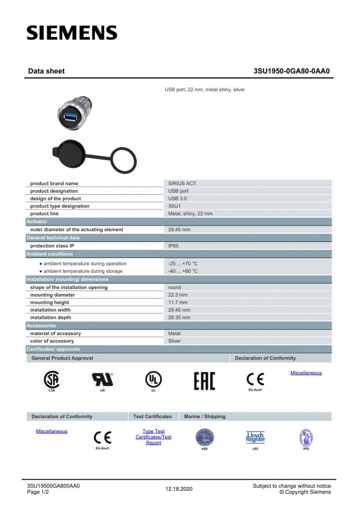 SIEMENS 3SU19500GA800AA0 technical document page 1