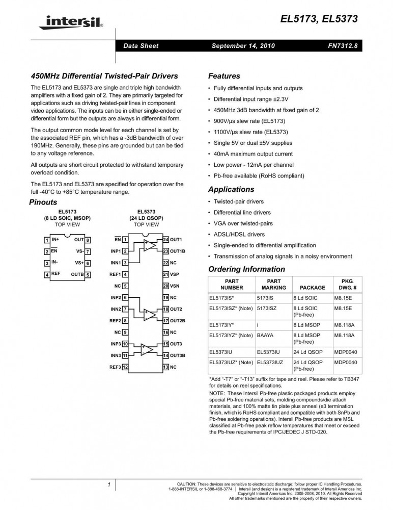 EL5173IY datasheet page 1