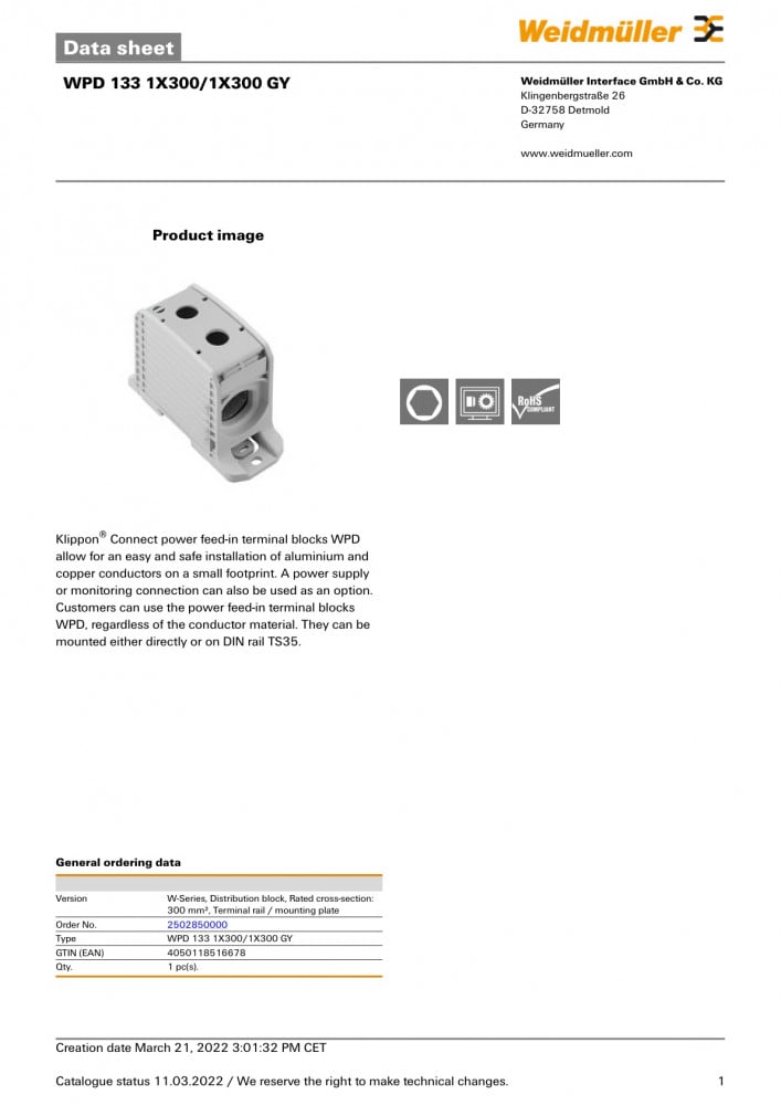 WPD 133 product documentation page 1