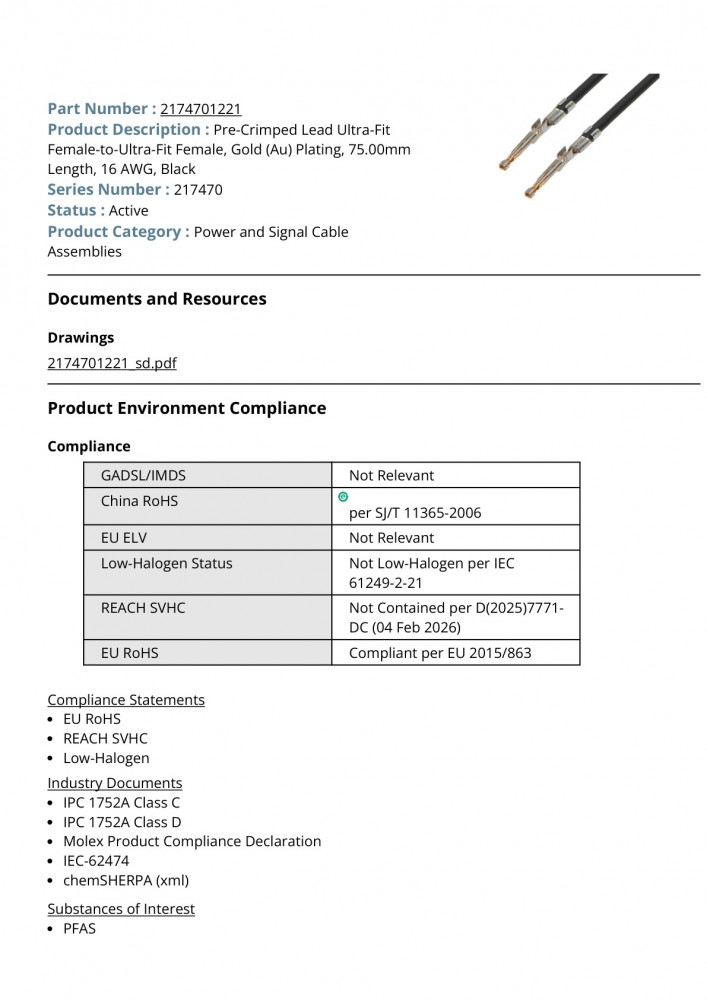 MOLEX 217470 series customer drawing preview, page 1