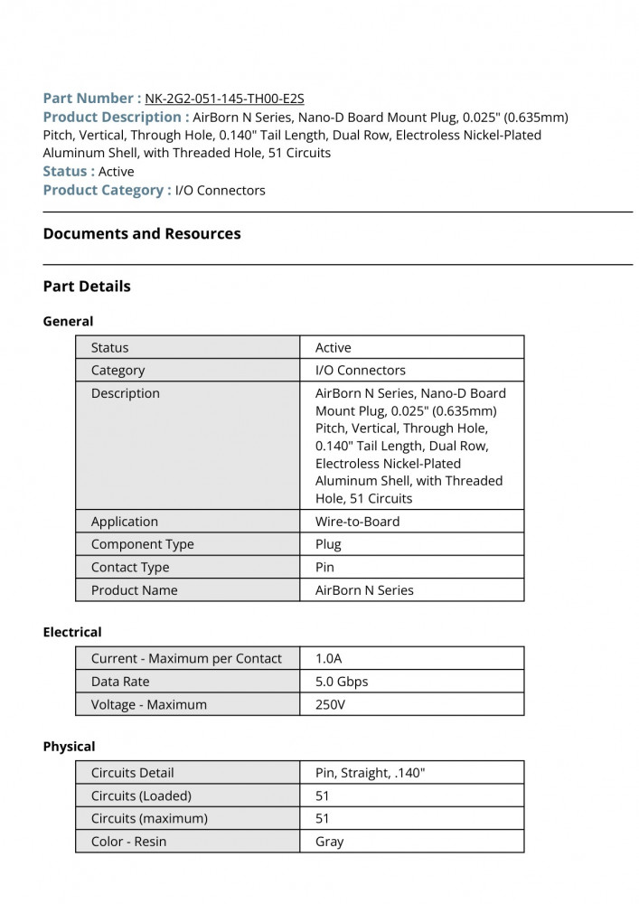 Technical document page 1 for NK-2G2-051-145-TH00-E2S