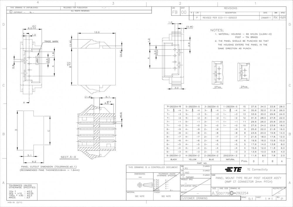 TE Connectivity 292254 controlled drawing reference