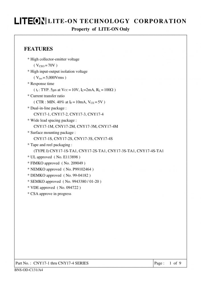 CNY17-1 datasheet page 1