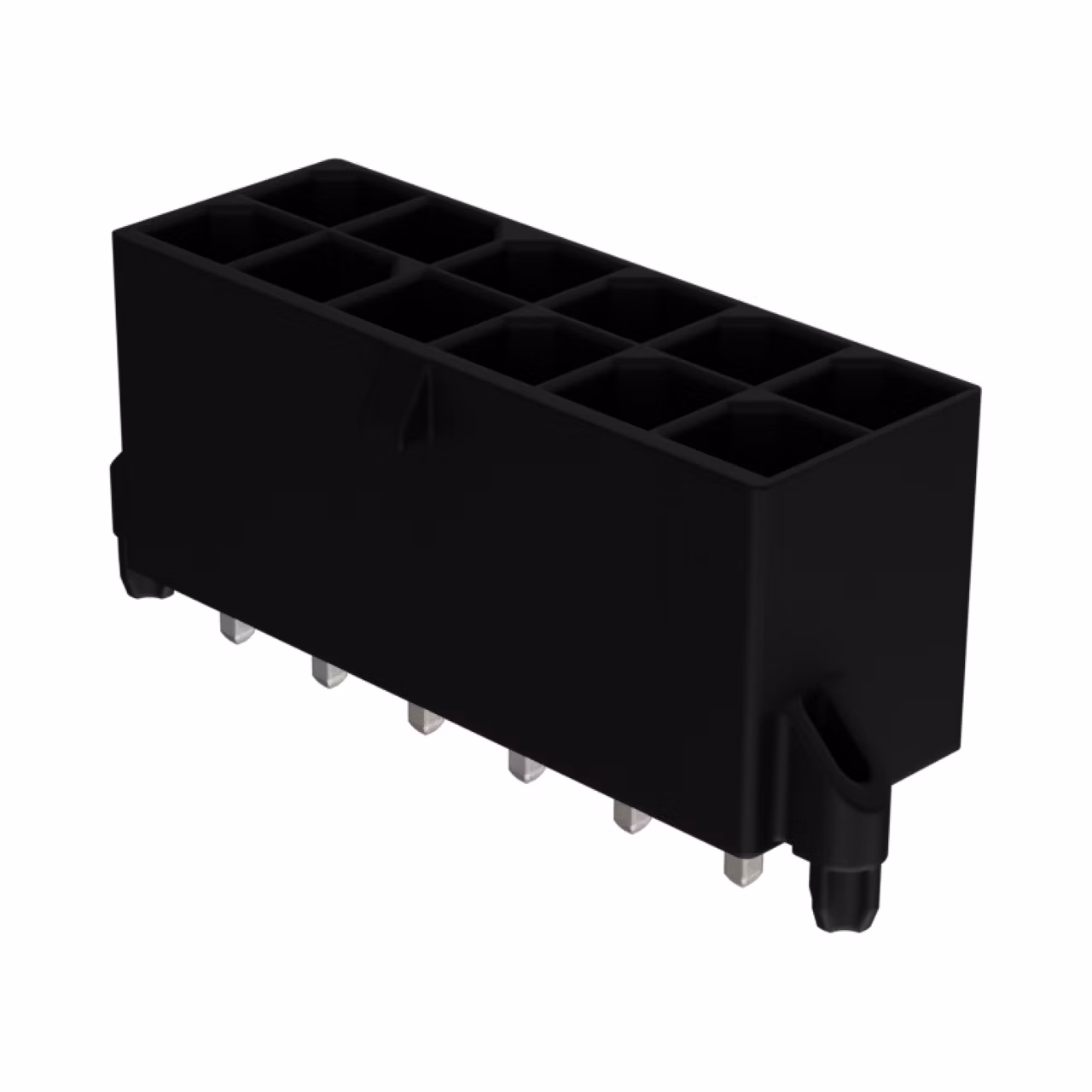 Mega-Fit Vertical Header, 5.70mm Pitch, Through Hole, Dual Row, 12 Circuits, Matte Tin (Sn) Plating, 3.73mm Tail Length, Glow-Wire Capable, Tape and Reel, Black for sale