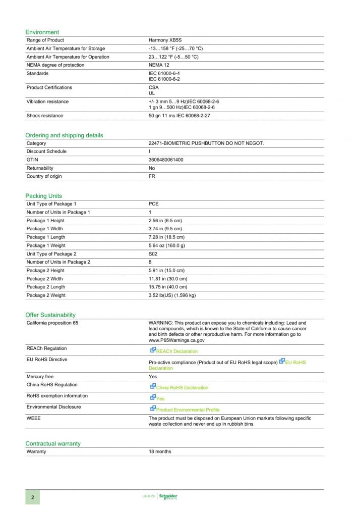 XB5S1B2M12 technical document page 2