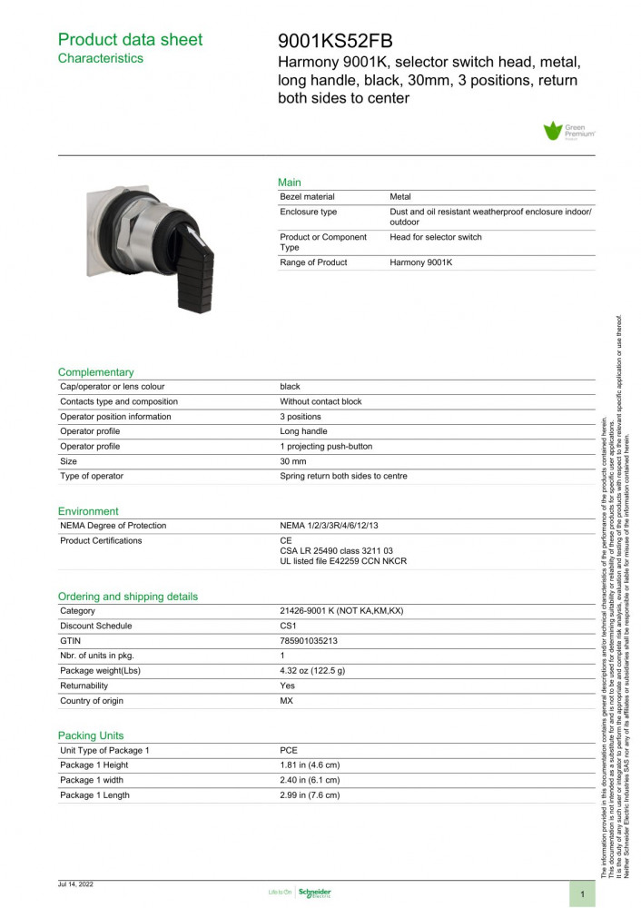 9001KS52FB technical document page 1