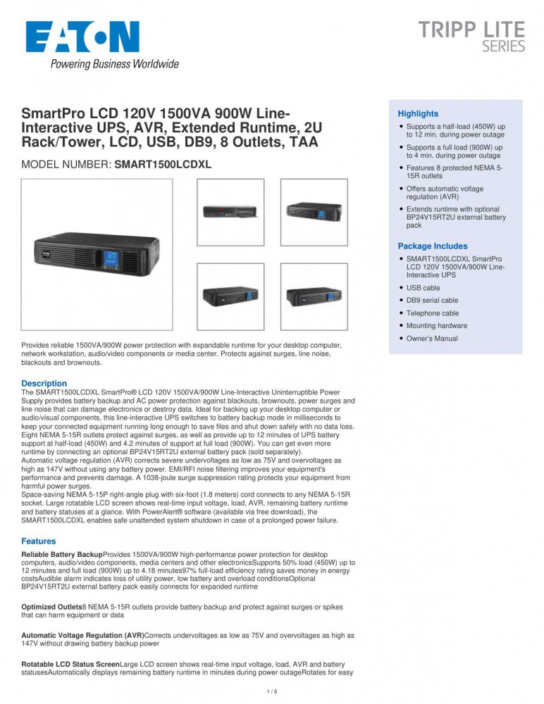 SMART1500LCDXL technical document page 1