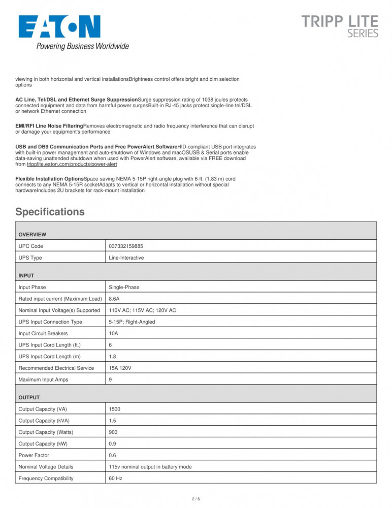 SMART1500LCDXL technical document page 2