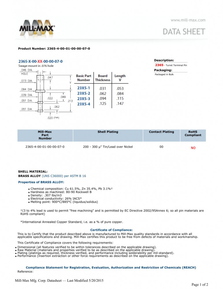 Mill-Max 2365 series technical document page 1