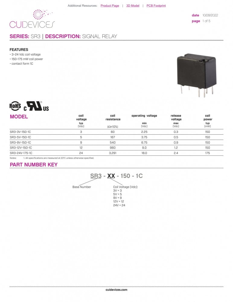 SR3 relay datasheet page 1