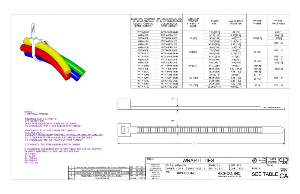 Essentra WITA Wrap It Ties technical drawing page