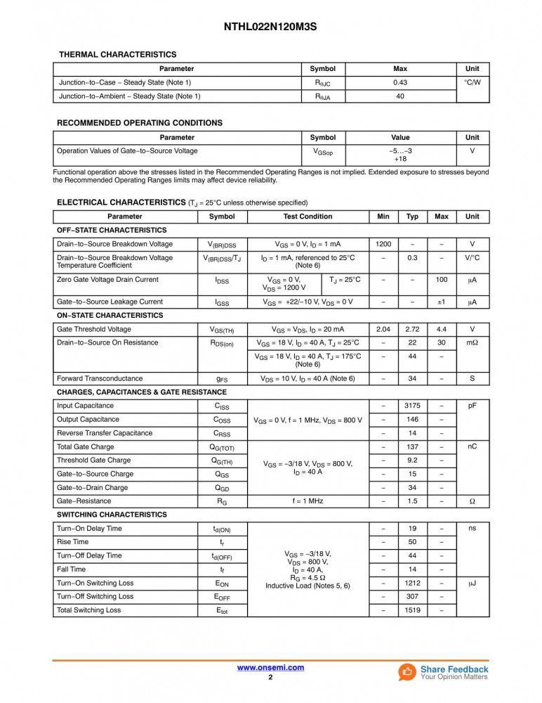 NTHL022N120M3S datasheet page 2