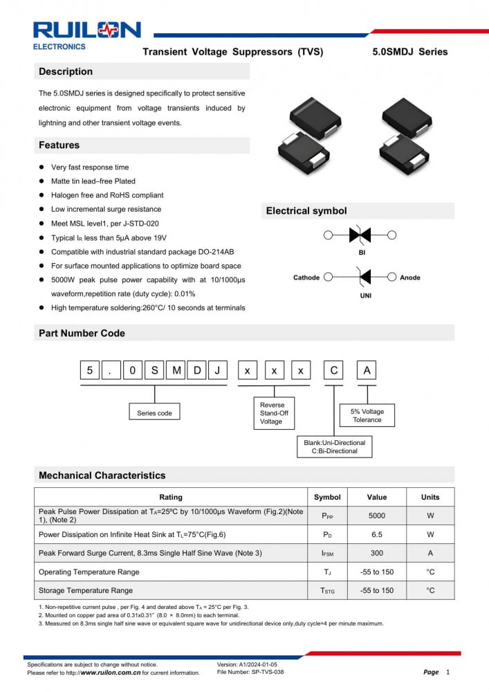 5.0SMDJ15CA datasheet page 1