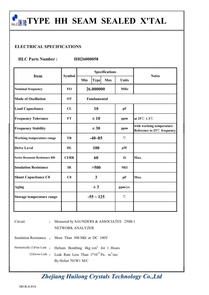HH26000058 electrical specifications