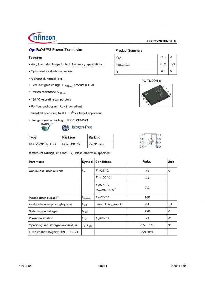 BSC252N10NSF G datasheet page 1