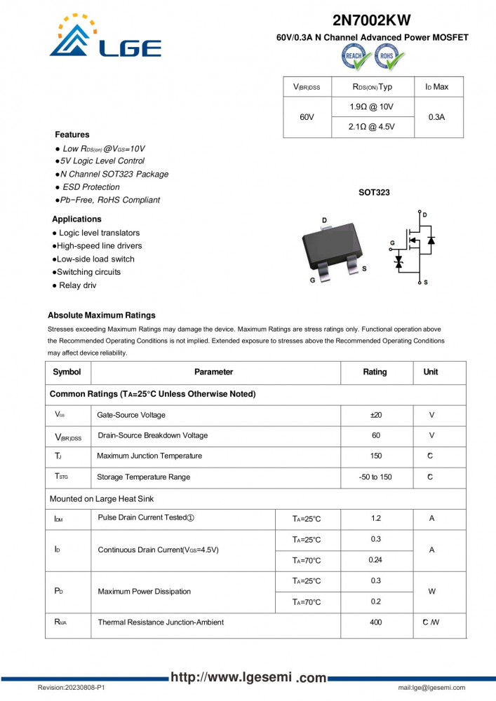 2N7002KW datasheet page 1