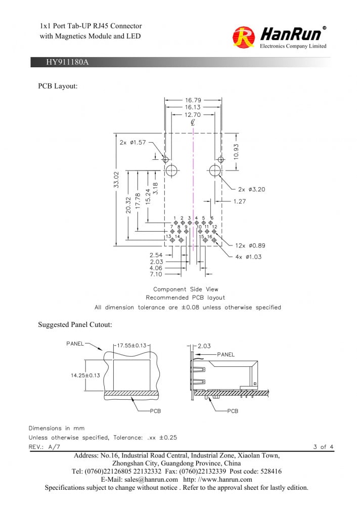 HY911180A PCB layout and panel cutout