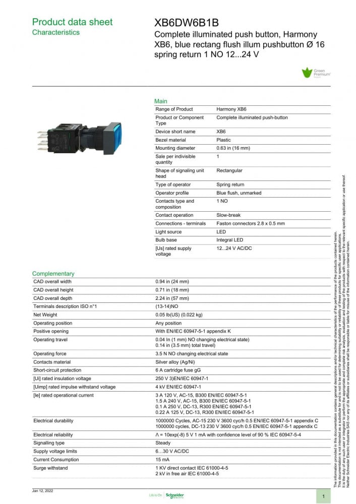 XB6DW6B1B technical document page 1