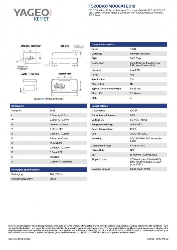KEMET T520B107M006ATE018 technical document page 1