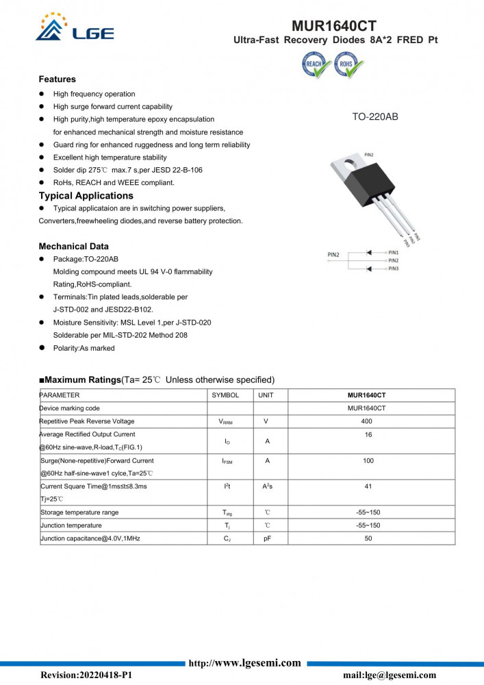 MUR1640CT datasheet page 1