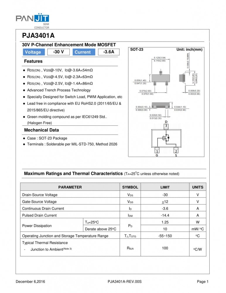 PJA3401A datasheet page 1