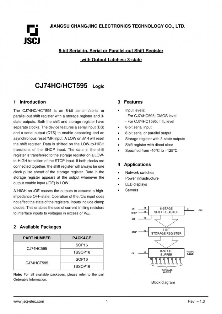 CJ74HC595 datasheet page 1