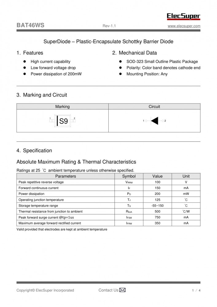 BAT46WS datasheet page 1