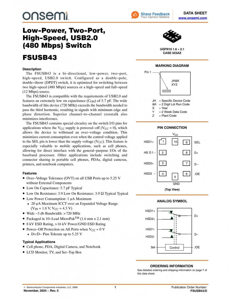 FSUSB43 datasheet page 1