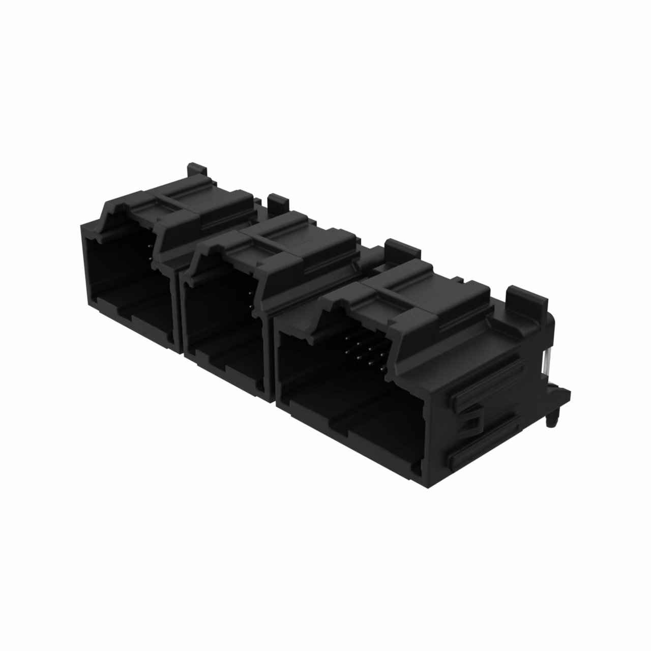 Stac64 3 Bay Right-Angle Headers, Plastic Pin-Alignment-Plate, 48 Circuits, Bay A 16 Circuit Signal Header, Polarization A, Black; Bay B 12 Circuit Signal Header, Polarization A, Black; Bay C 20 Circuit Signal  Header, Polarization A, Black; Tray for sale