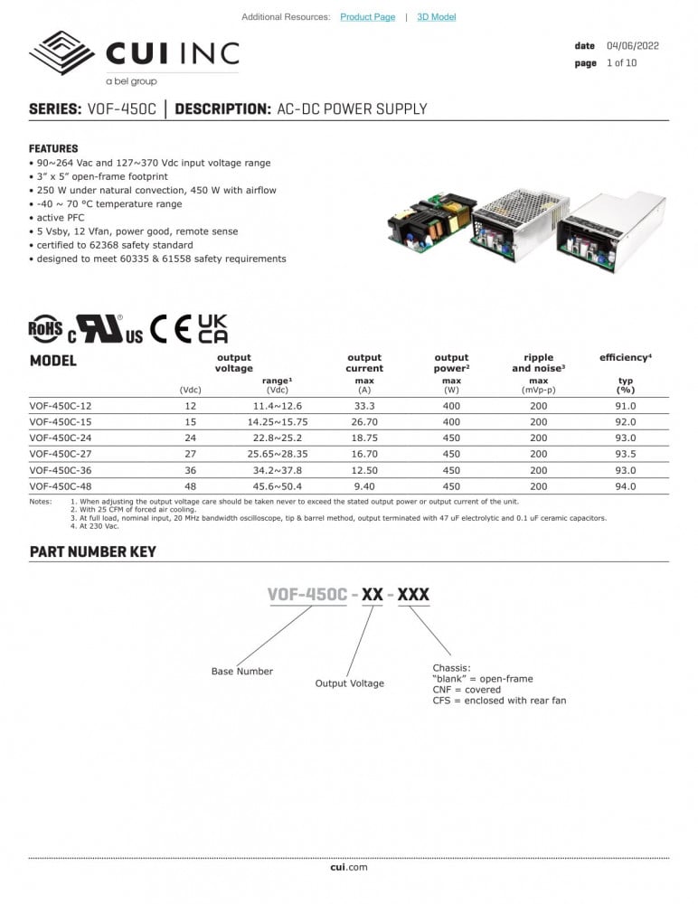 VOF-450C series datasheet page 1