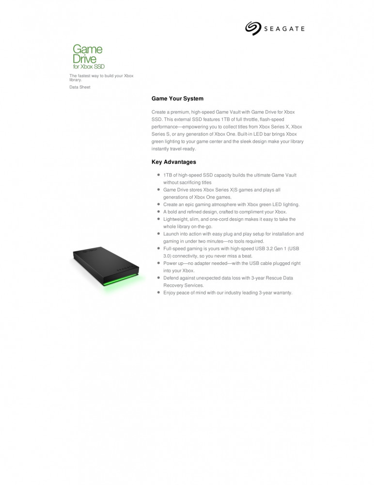 Seagate Game Drive for Xbox SSD product document, page 1