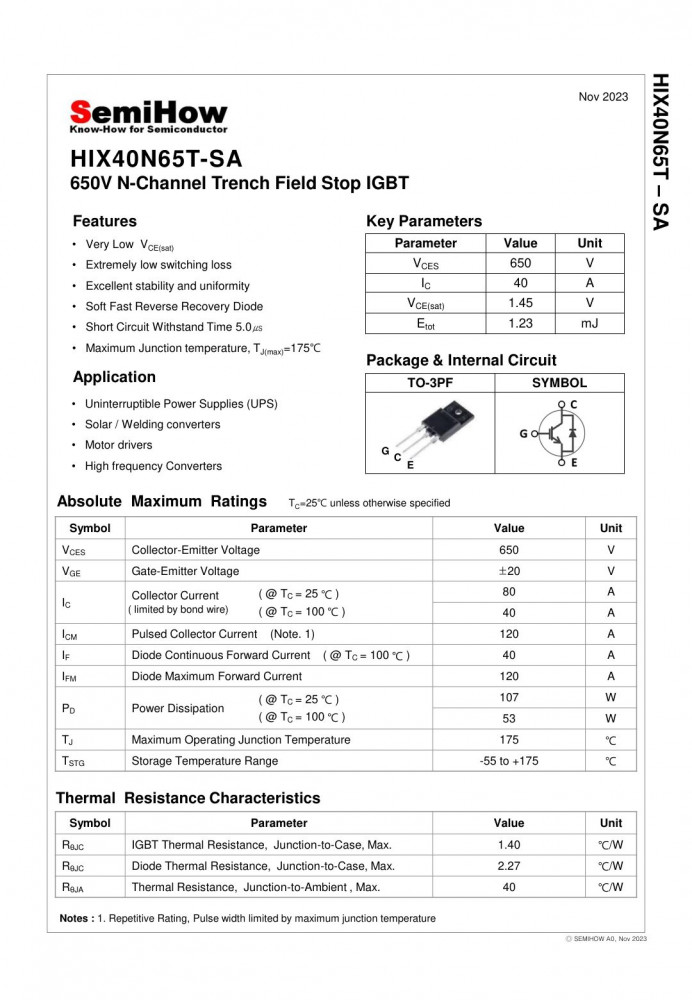 HIX40N65T-SA datasheet page 1