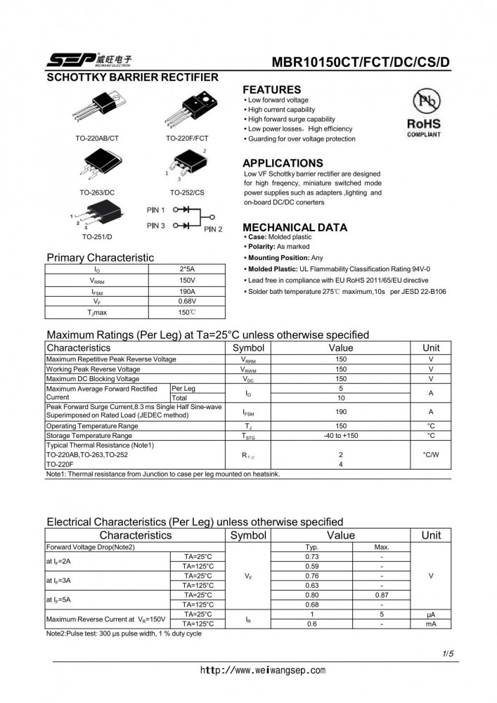 SEP MBR10150FCT datasheet page 1