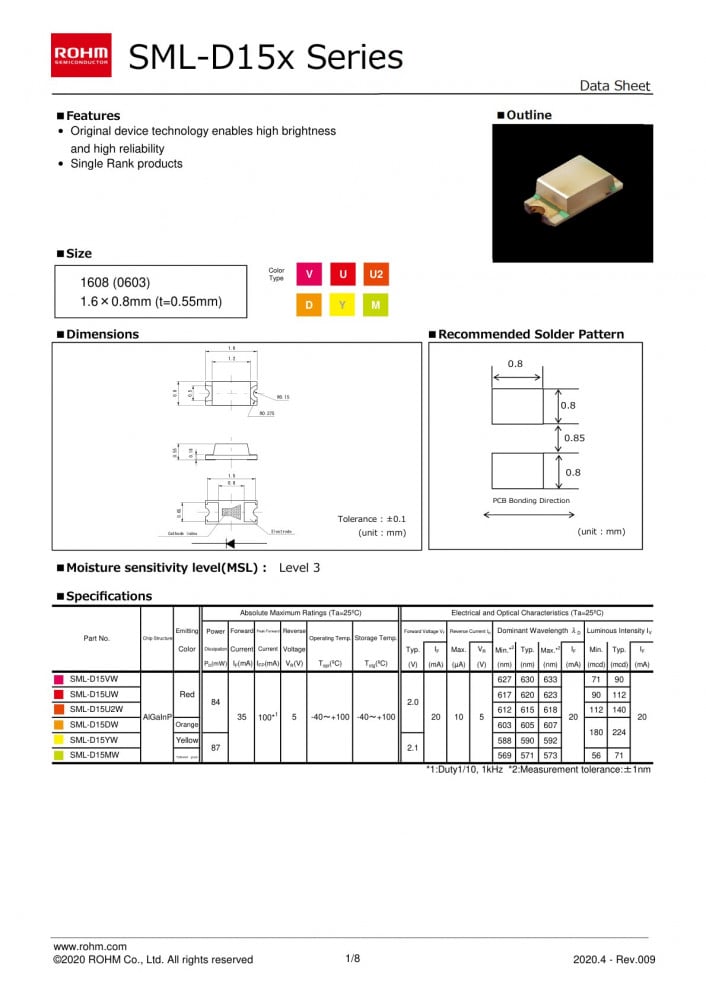 SML-D15YWT86 technical document page 1