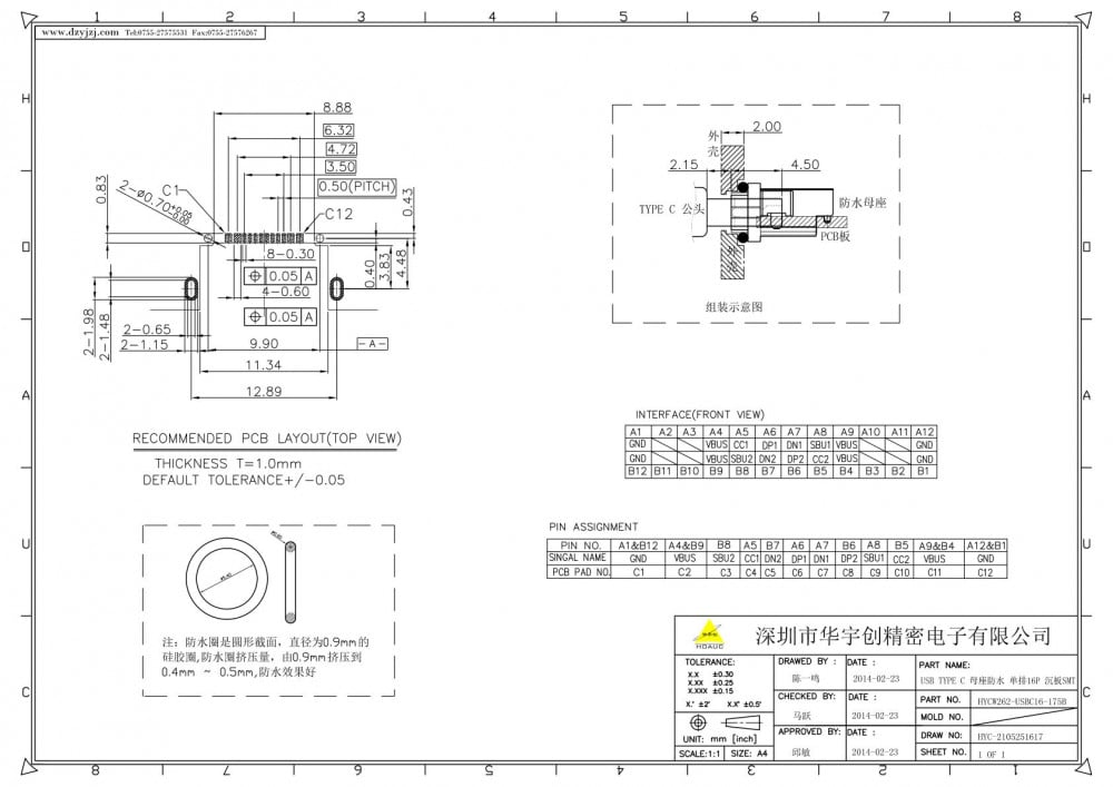 HOAUC HYCW262-USBC16-175B pin assignment drawing