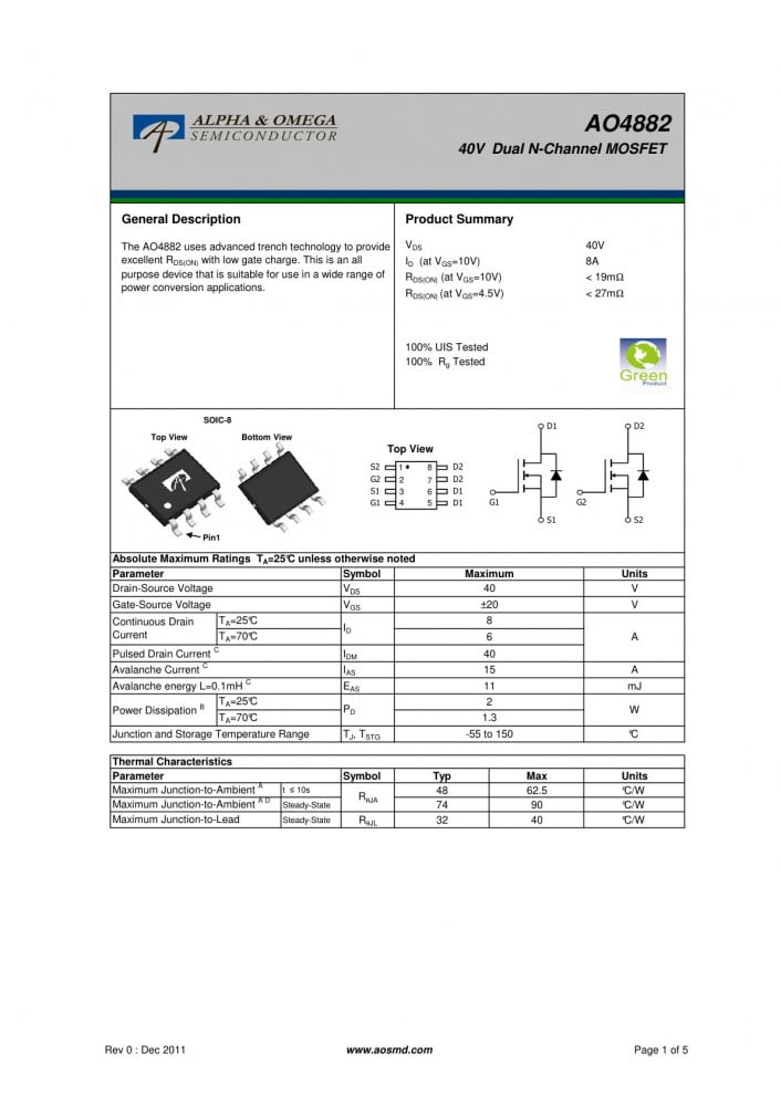 AO4882 datasheet page 1