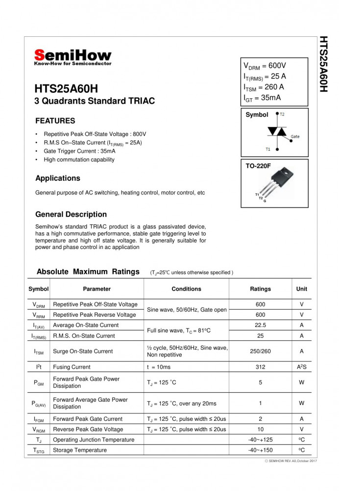 HTS25A60H datasheet page 1