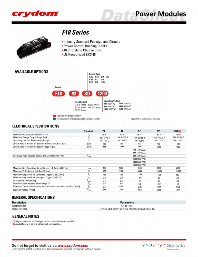 Sensata F18 Series datasheet page 1